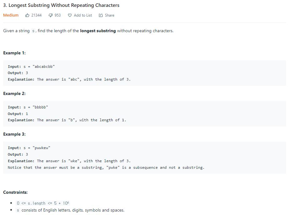 3 Longest Substring Without Repeating Characters
